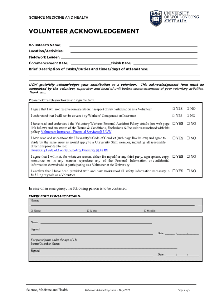 Fillable Online Volunteer Acknowledgement form Fax Email Print - pdfFiller