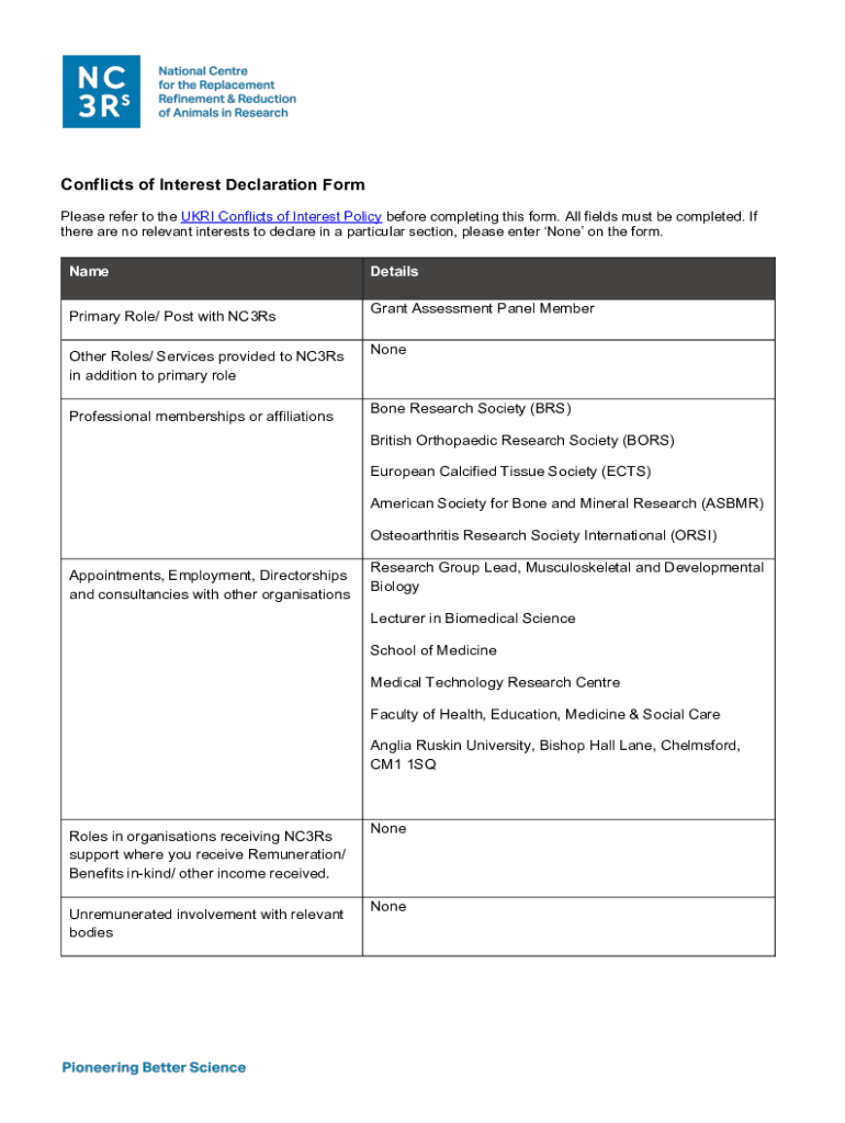 Fillable Online Conflicts of interest declaration form Fax Email Print - pdfFiller