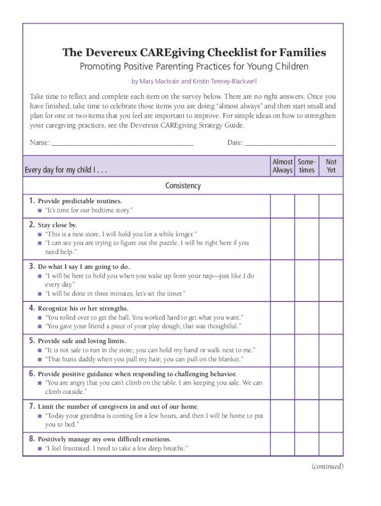 Fillable Online Get the free The Devereux CAREgiving Checklist for ...