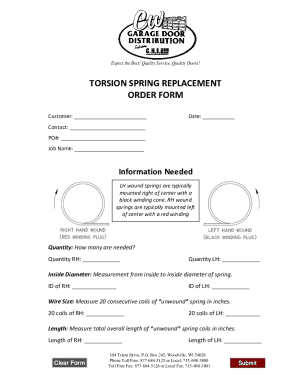 Fillable Online Torsion Spring Replacement Order Form Fax Email Print ...