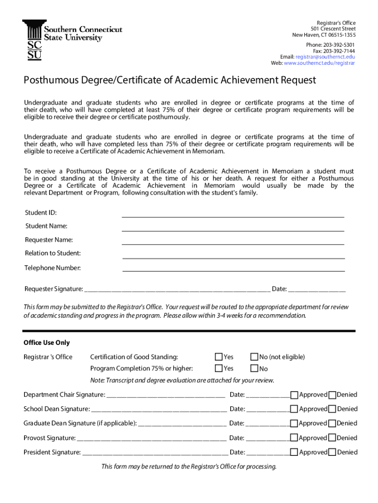 Fillable Online Posthumous Degree/Certificate of Academic Achievement ...