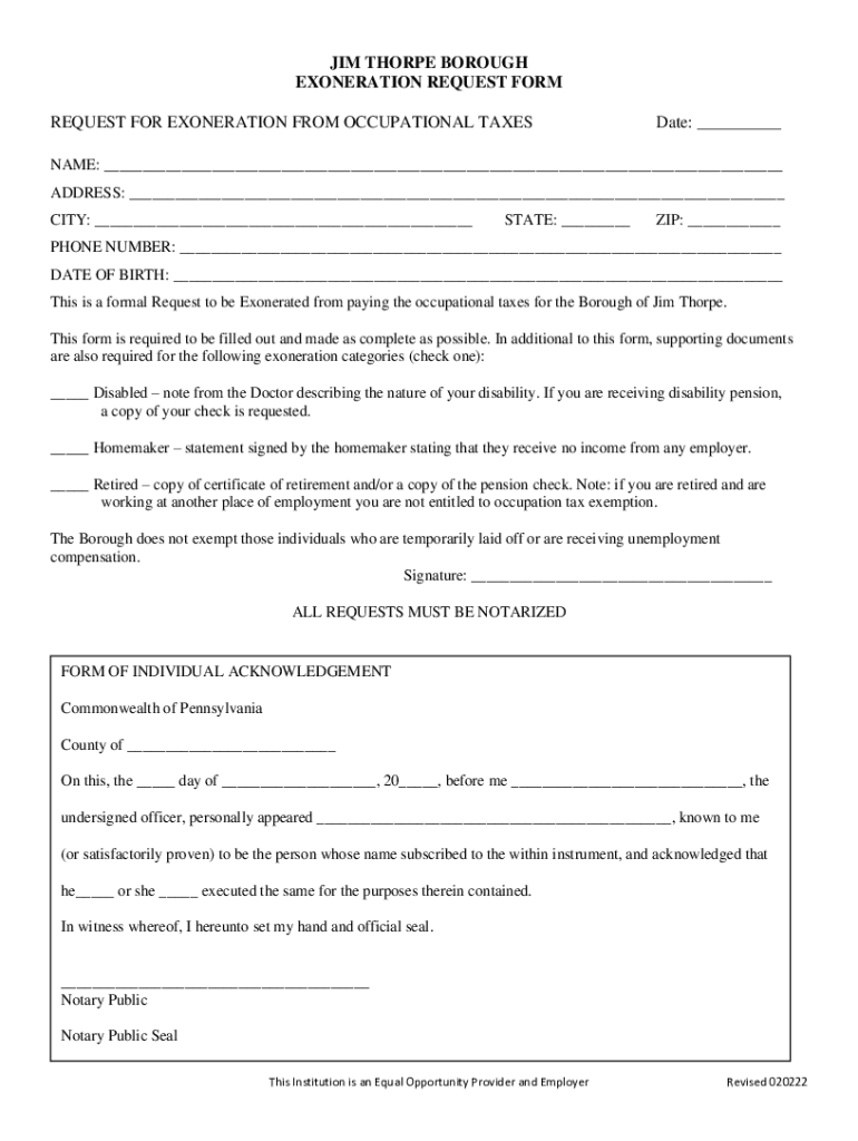 Fillable Online JIM THORPE BOROUGH EXONERATION REQUEST FORM ... Fax ...