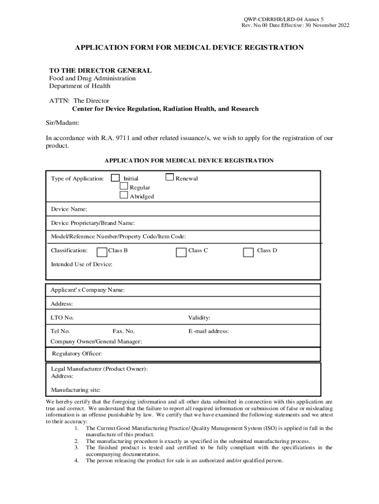 Fillable Online APPLICATION FORM FOR MEDICAL DEVICE ... Fax Email Print ...