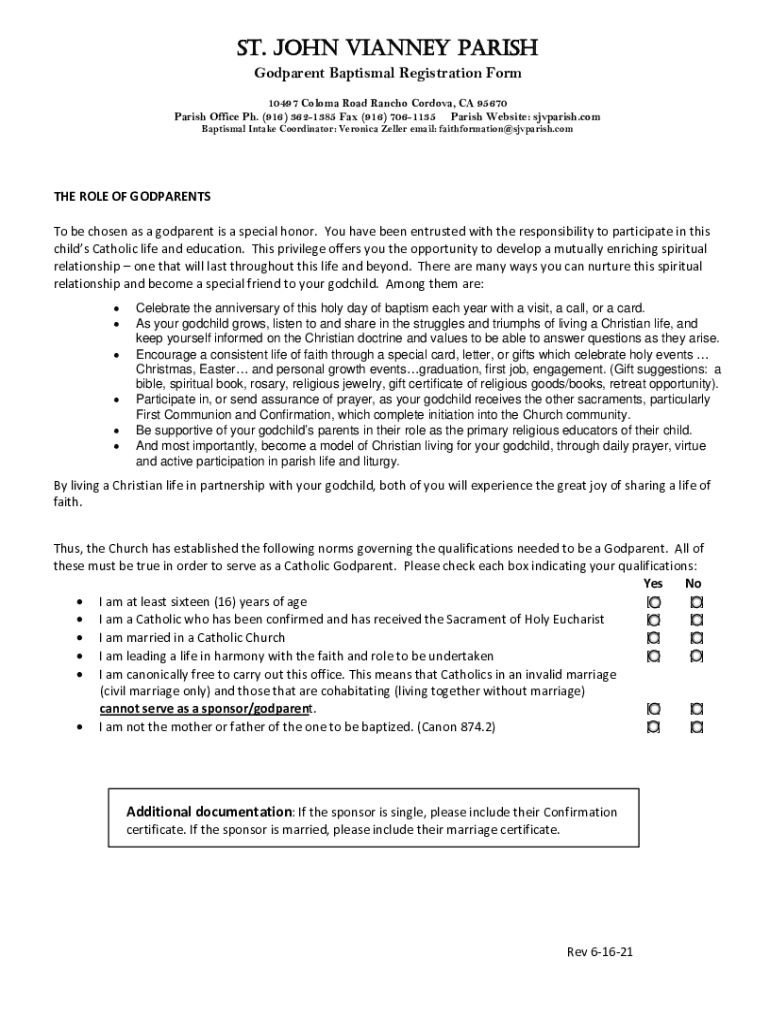 Fillable Online Godparent Baptismal Registration Form Fax Email Print ...