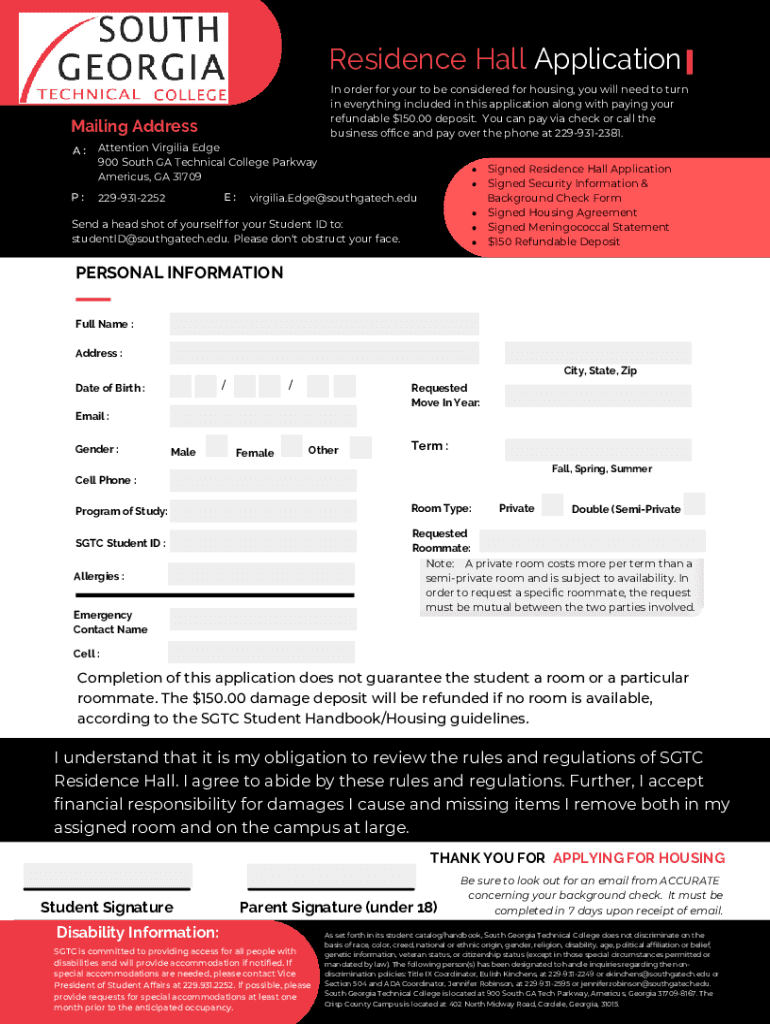 Fillable Online Residence Hall Application SP23 Fax Email Print - pdfFiller