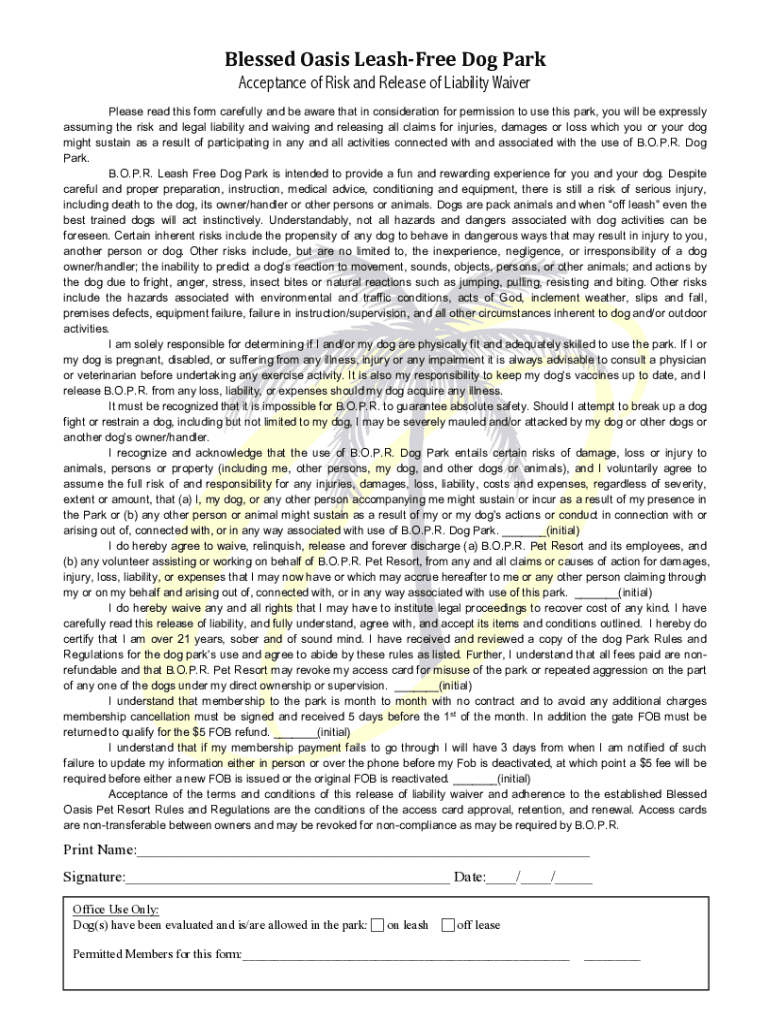 Fillable Online In-door Dog Park Acceptance of Risk and Release of ...