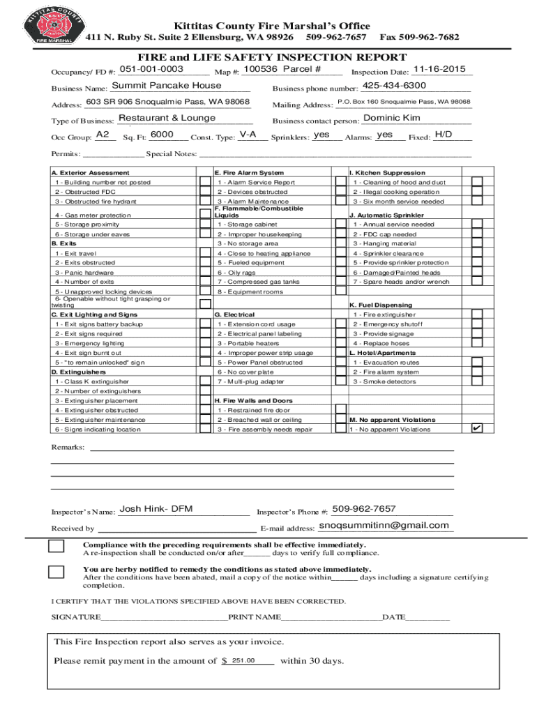 Fillable Online Fire Inspection form - Kittitas County Fax Email Print ...