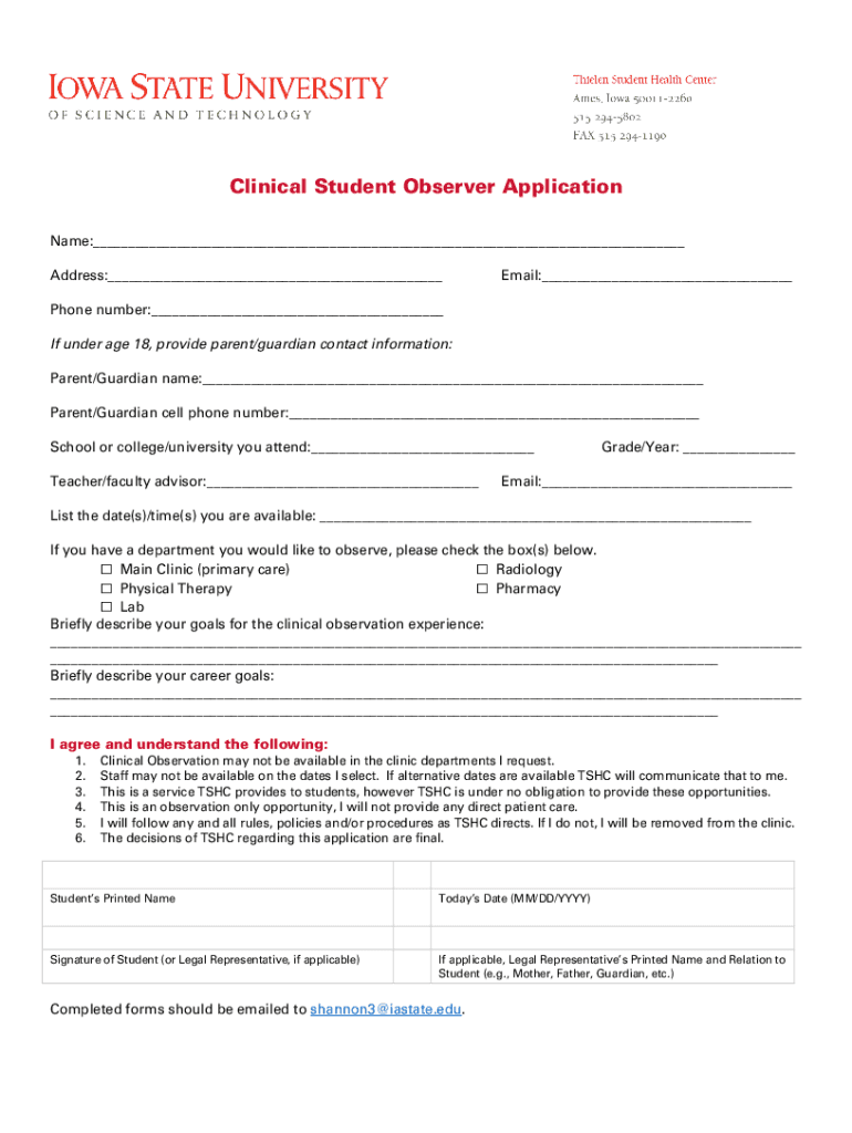 Fillable Online Clinical Student Observer Application Fax Email Print ...