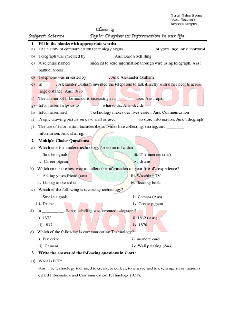 Fillable Online 4 Subject: Science Topic: Chapter 12: Information in ...