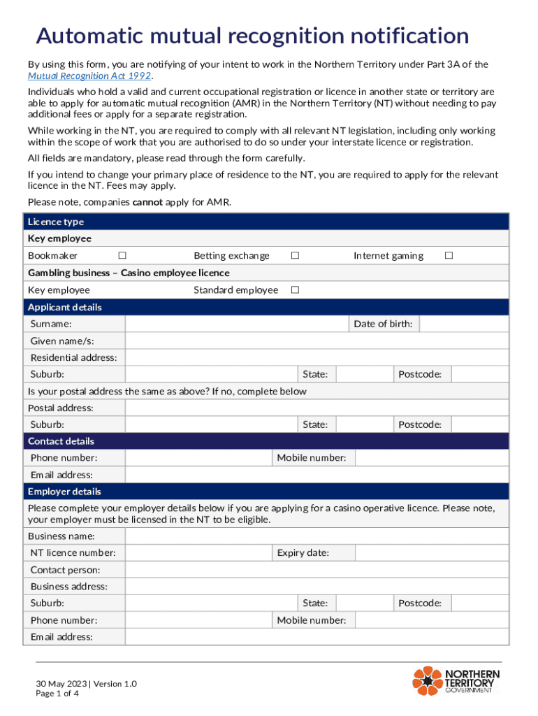 Fillable Online nt gov Notify to work in NSW under Automatic Mutual ...
