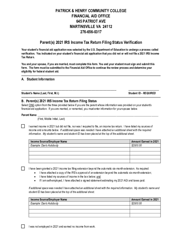 Fillable Online Parent(s) 2021 IRS Income Tax Return Filing Status ...