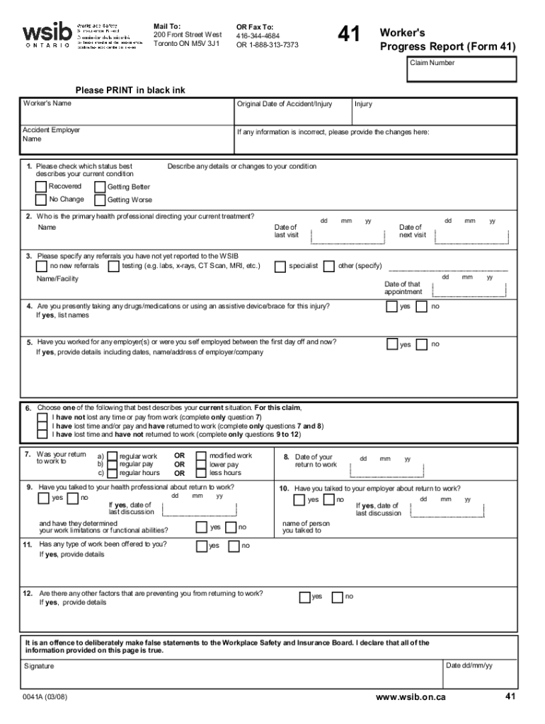 Fillable Online Wsib Form Progress Report 41 Fax Email Print - pdfFiller