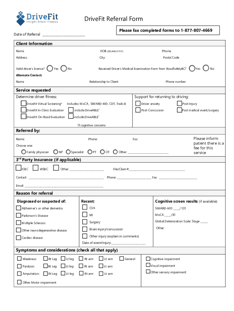 Fillable Online DriveFit Referral Form Fax Email Print - pdfFiller