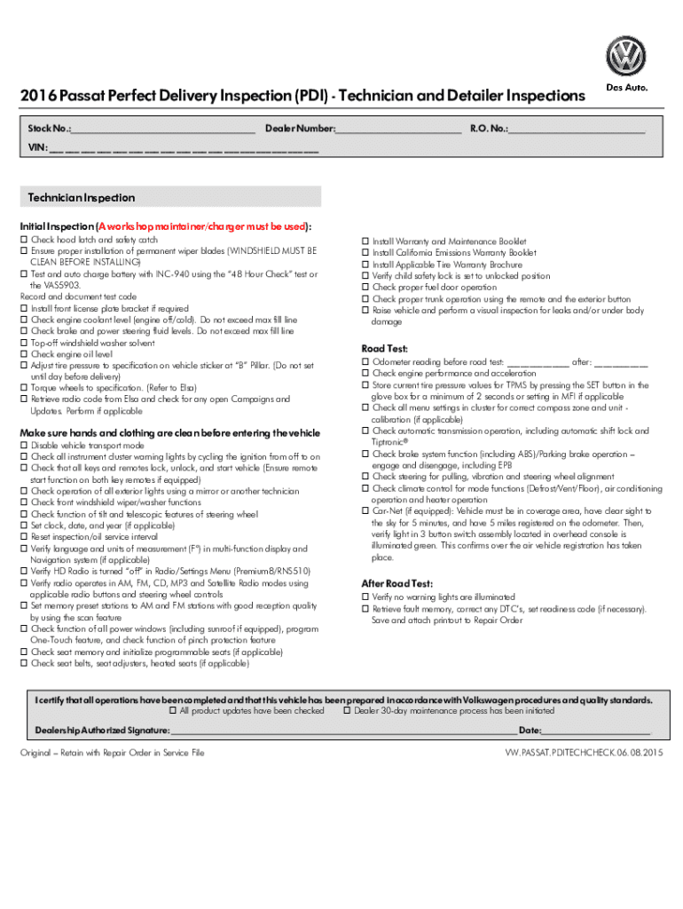 Fillable Online 2016 Passat Perfect Delivery Inspection (PDI ...