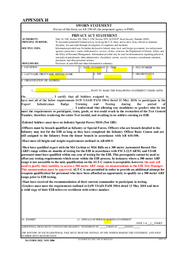 Fillable Online SWORN STATEMENT - For use of this form, see AR 190-45 ...
