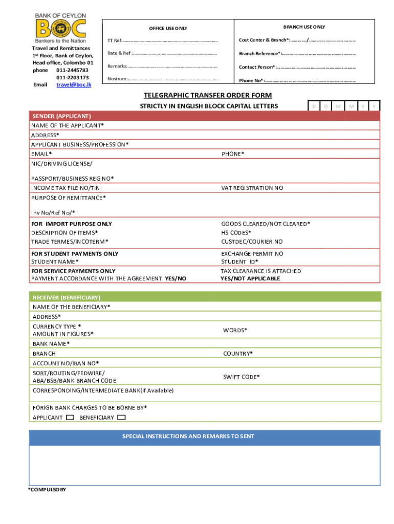 Fillable Online . TELEGRAPHIC TRANSFER ORDER FORM Fax Email Print ...