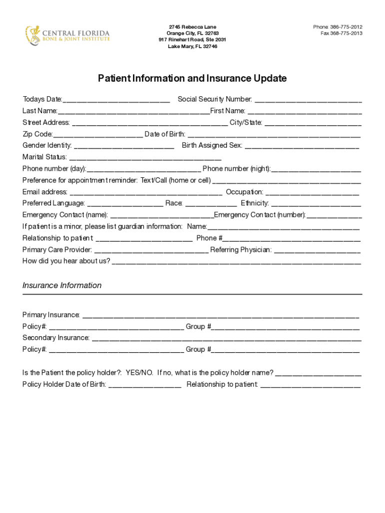 Fillable Online Patient Information and Insurance Update Form Fax Email ...
