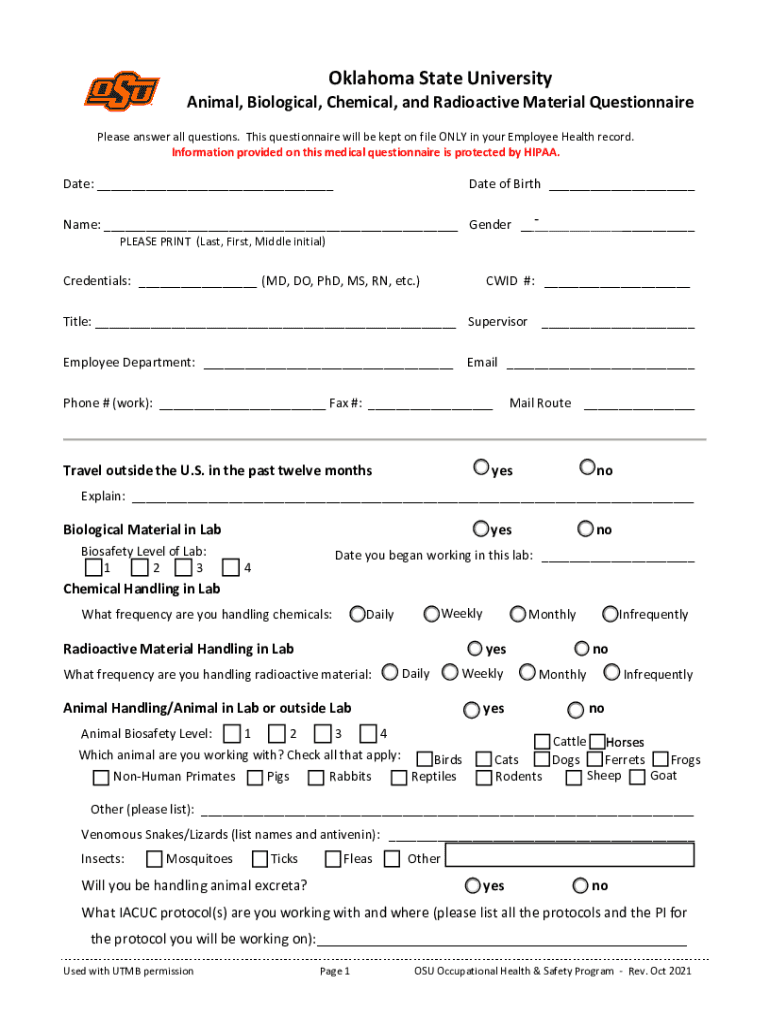 Fillable Online ehs okstate Medical questionnaire - Environmental ...