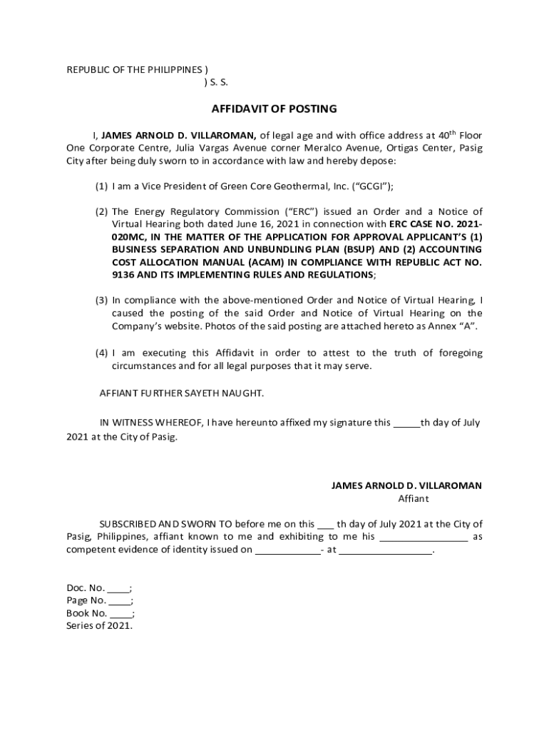 Fillable Online AFFIDAVIT OF POSTING - Energy Development Corporation ...