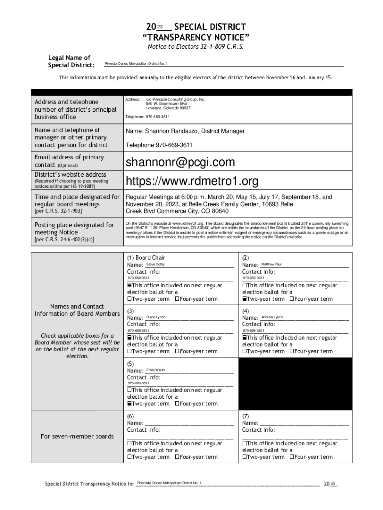 Fillable Online Riverdale Dunes Metropolitan District No. 1 Fax Email ...