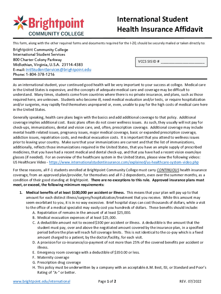 Fillable Online International Student Health Insurance Affidavit Fax ...