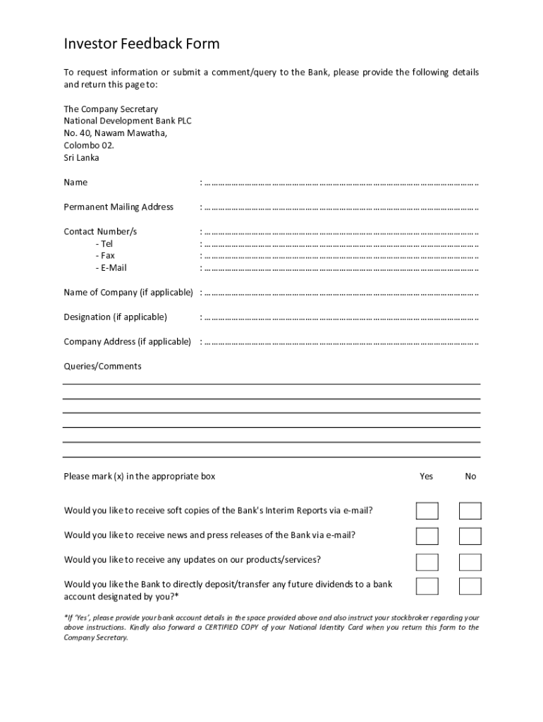 Fillable Online Investor Feedback Form Fax Email Print - pdfFiller
