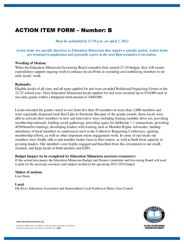 Fillable Online ACTION ITEM FORM Number: B Fax Email Print - pdfFiller