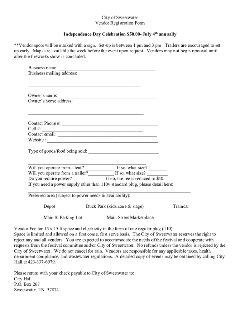 Fillable Online July 4th annually **Vendor spots will be marked Fax ...