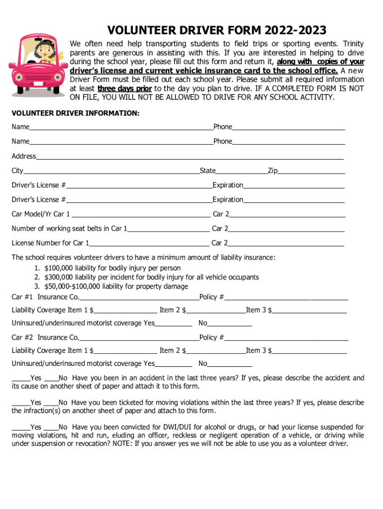 Fillable Online VOLUNTEER DRIVER FORM 2022-2023 Fax Email Print - pdfFiller