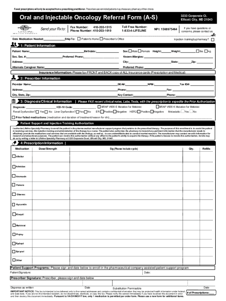 Fillable Online Oral and Injectable Oncology Referral Form (A-S ...
