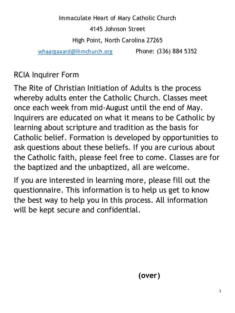 Fillable Online Newcomer Info - Immaculate Heart of Mary Catholic ...