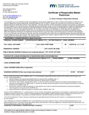 Fillable Online Certificate of Responsible Master Electrician Fax Email ...