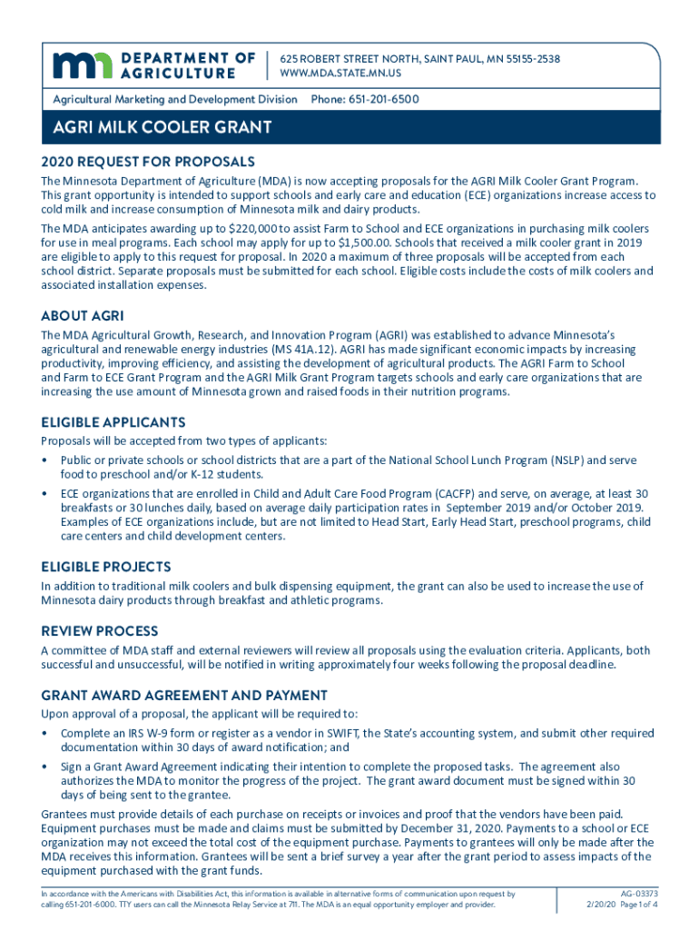 Fillable Online AGRI Milk Cooler Grant 2020 Request for Proposals ...