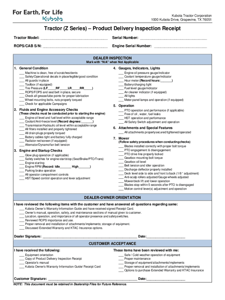 Fillable Online PDI FormTractor - Z Series062016 Fax Email Print ...
