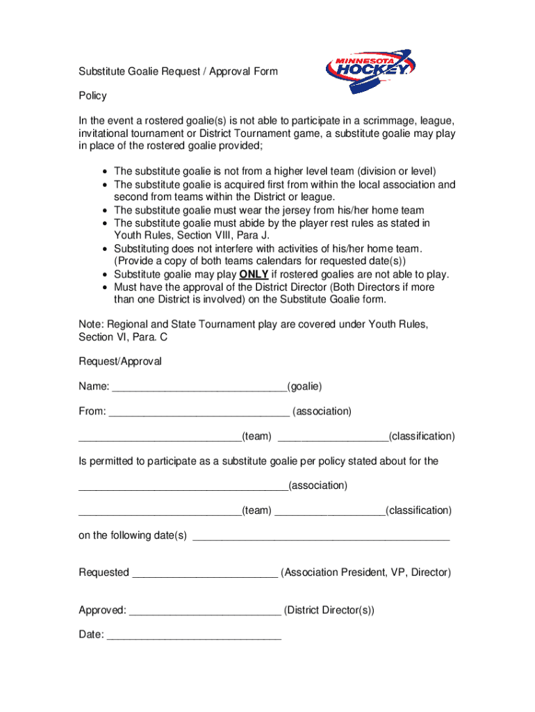 Fillable Online Substitute Goalie Request / Approval Form Fax Email Print - pdfFiller