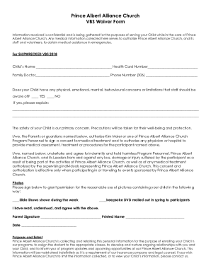 Fillable Online Prince Albert Alliance Church VBS Waiver Form Fax Email ...