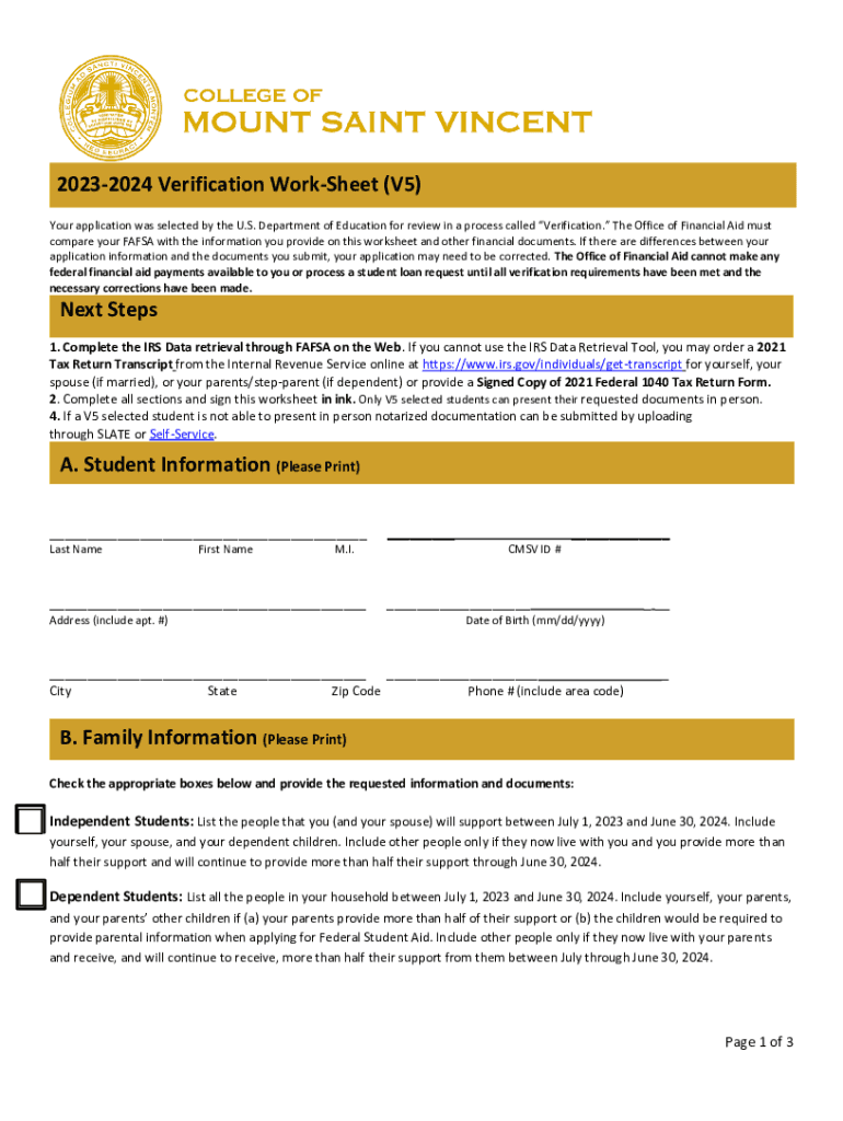 Fillable Online 2023-2024 Verification Work-Sheet (V5) Fax Email Print - pdfFiller