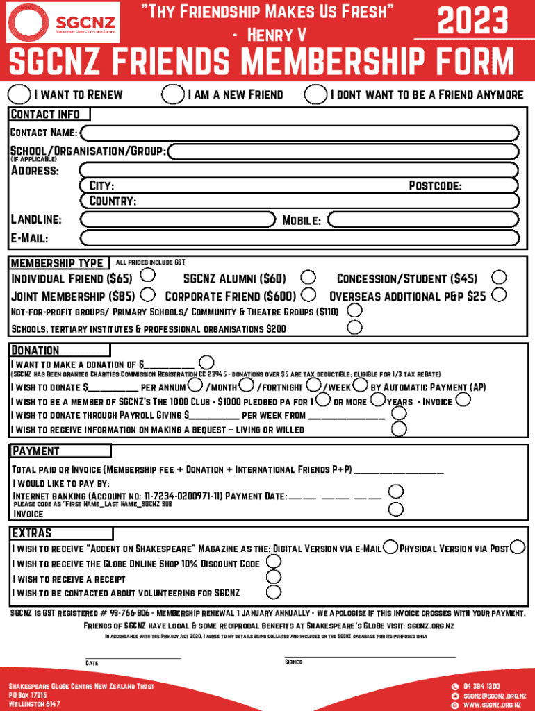 Fillable Online SGCNZ Friends Membership Form Fax Email Print - pdfFiller