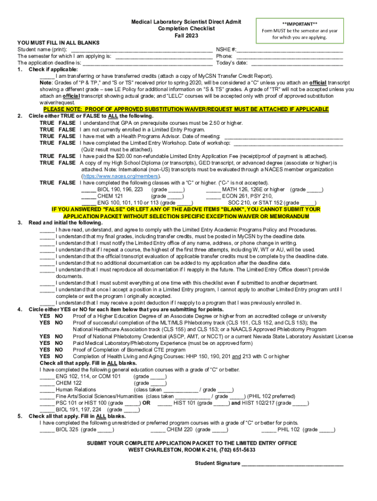 Fillable Online Medical Laboratory Scientist (Fall) Completion ...