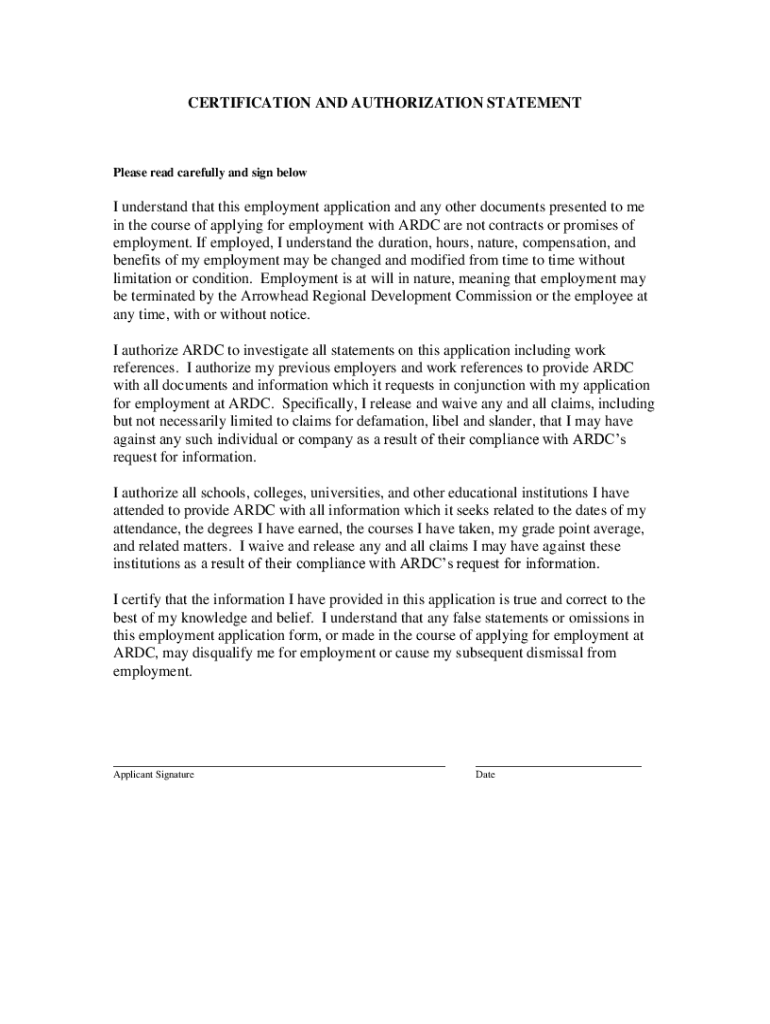 Fillable Online CERTIFICATION AND AUTHORIZATION STATEMENT Fax Email ...