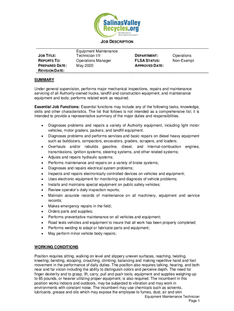 Fillable Online Equipment Maintenance Technician I/II Operations ...