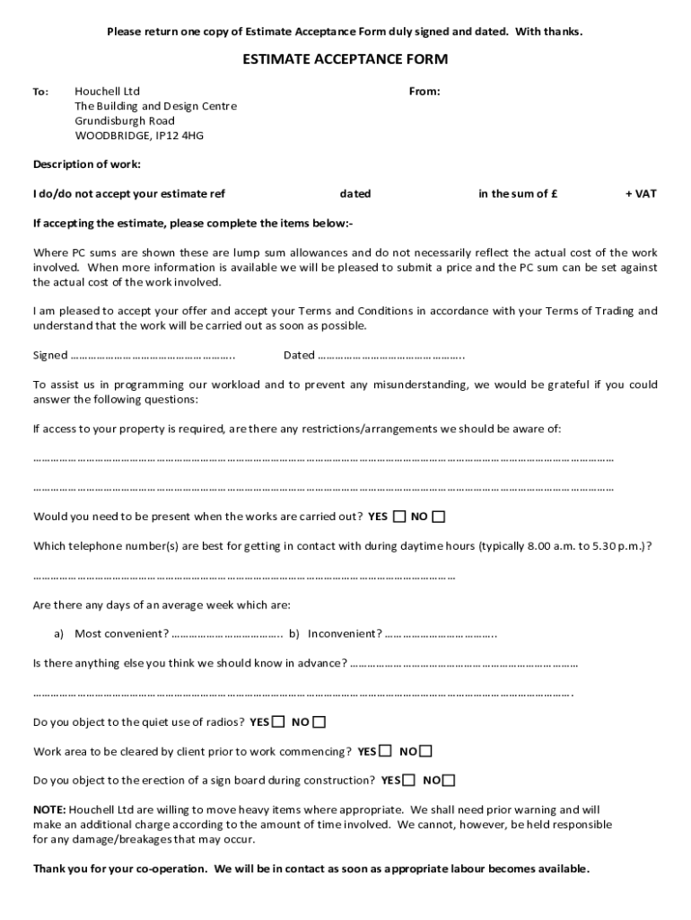 Fillable Online Houchell Limited Estimate acceptance form.doc Fax Email ...