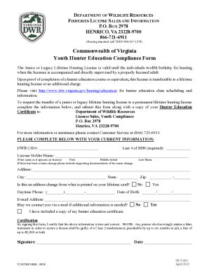 Fillable Online Youth Hunter Education Compliance Form. Youth Hunter ...