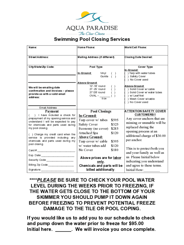 Fillable Online Pool Closing Form.doc Fax Email Print - pdfFiller