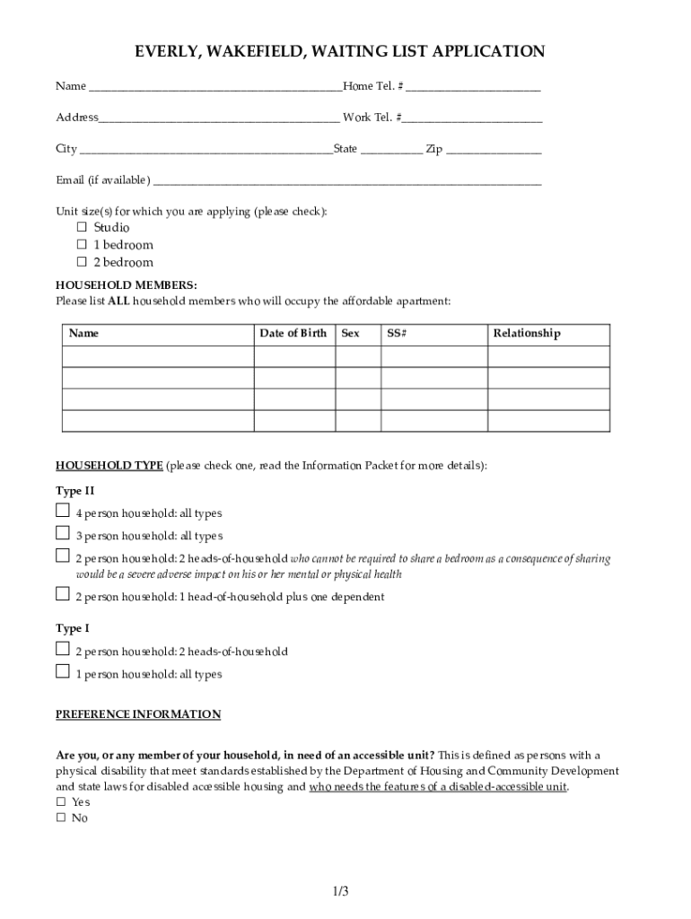 Fillable Online EVERLY, WAKEFIELD, WAITING LIST APPLICATION Fax Email ...