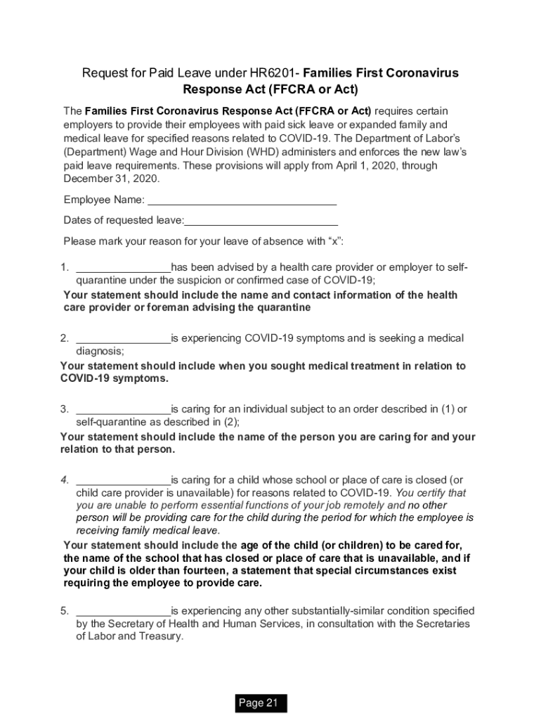 Fillable Online Request for Paid Leave under HR6201- Families First ...