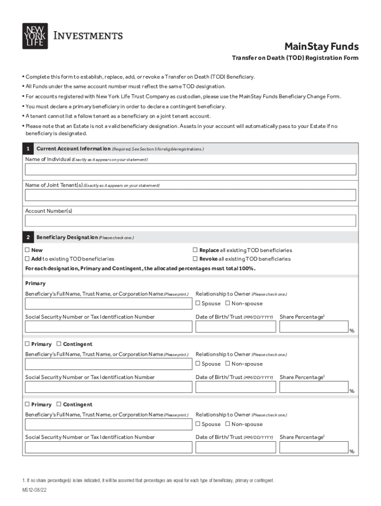 Fillable Online MainStay Funds Transfer on Death (TOD) Registration ...