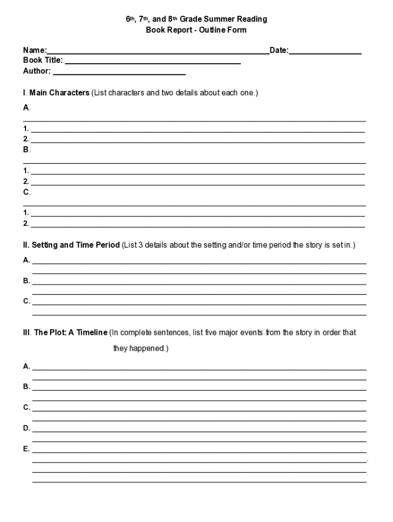 Fillable Online 6th, 7th, 8th-grade-summer-reading-book-report-outline ...