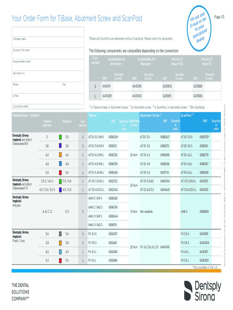 Fillable Online Your Order Form for TiBase, Abutment Screw and ScanPost ...