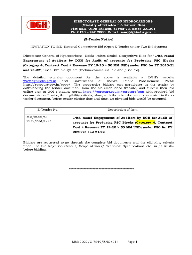 Fillable Online Engagement of Auditors by DGH for Audit of accounts for ...